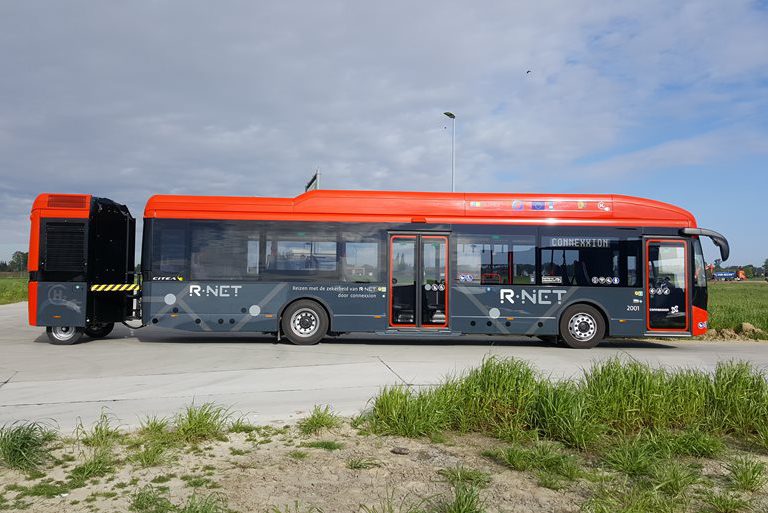 The first VDL hydrogen bus deployed by Connexxion. With a trailer ...