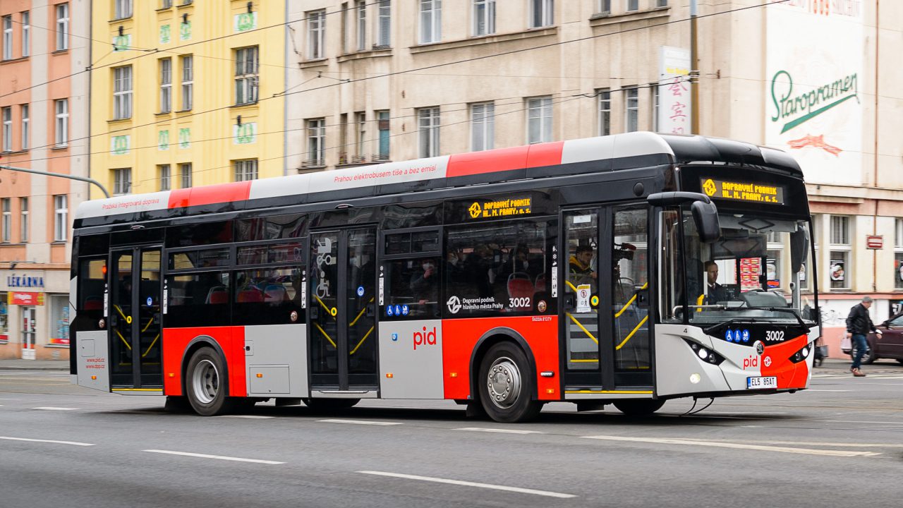 The first Skoda E' City electric bus is running on the streets of Prague