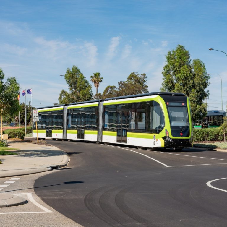 Trackless tram trial launched in Stirling (Perth, Australia) with a 30-meter vehicle on wheels ...